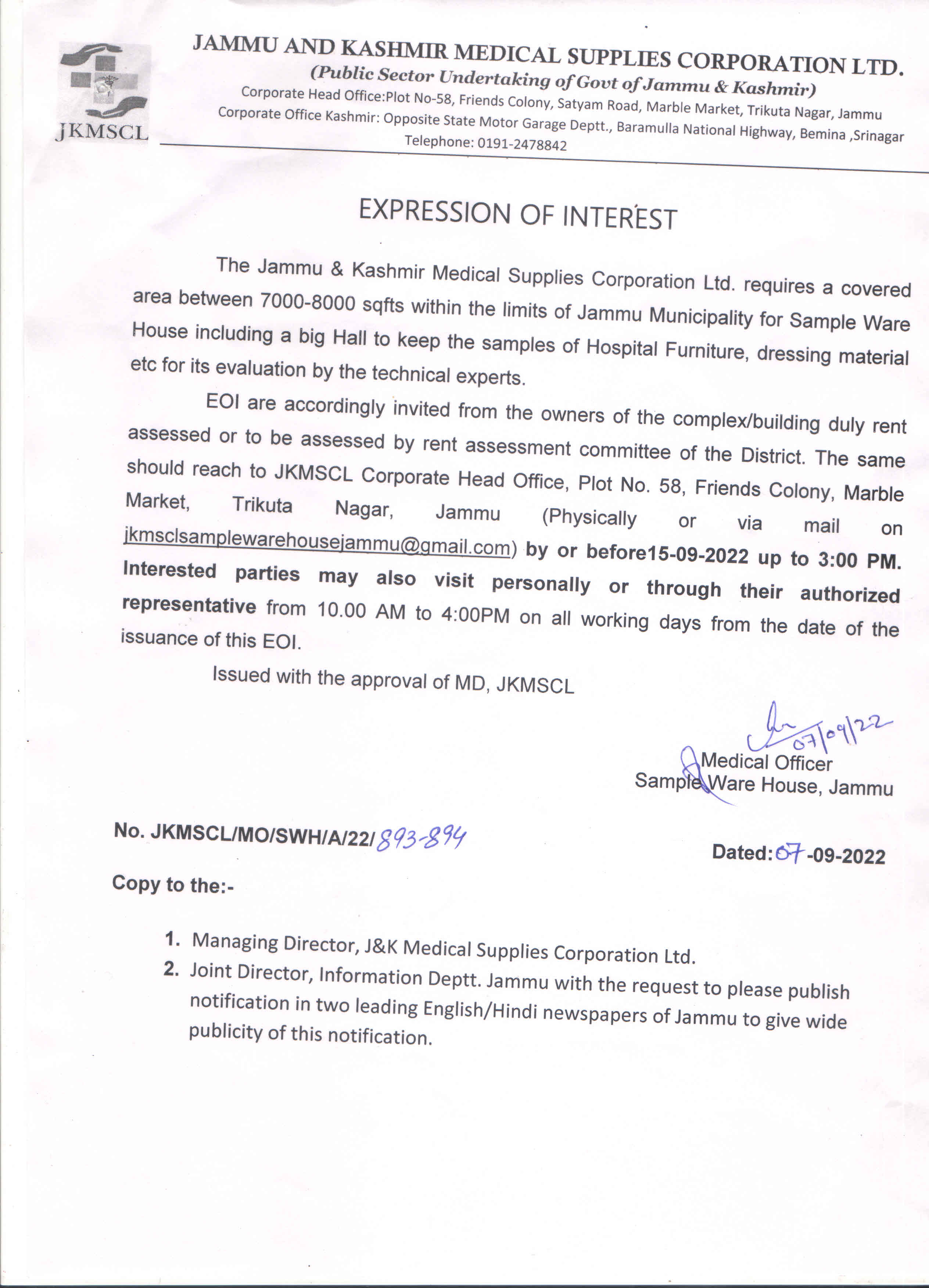 Jammu & Kashmir Medical Supplies Corporation Limited (JKMSCL)