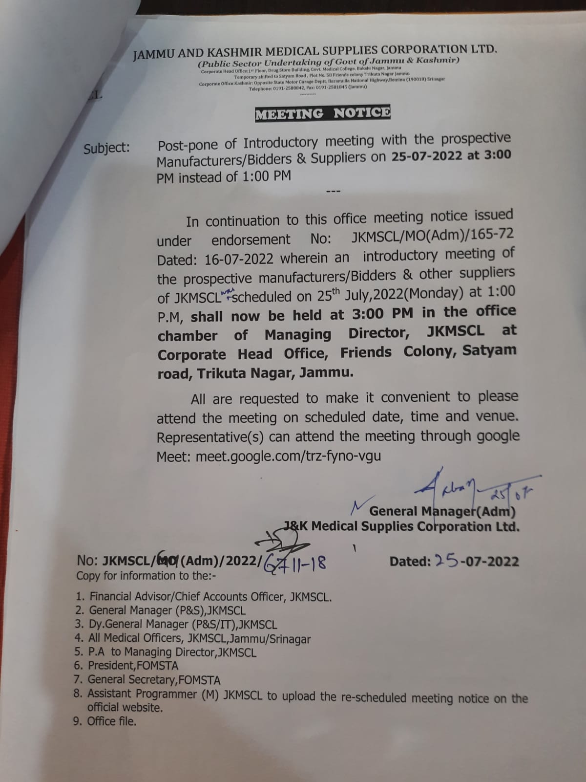 Jammu & Kashmir Medical Supplies Corporation Limited (JKMSCL)